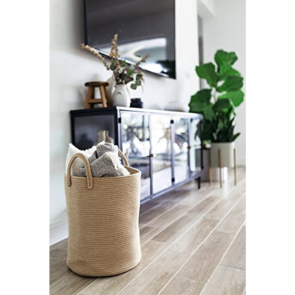 OrganiHaus Large Woven Baskets for Storage | Cotton Rope Baskets for Storage | Tall Blanket Basket for Living Room | Nursery Laundry Basket | Big Basket for Toys | Basket for Blankets - Honey ,Tall (15"x18")