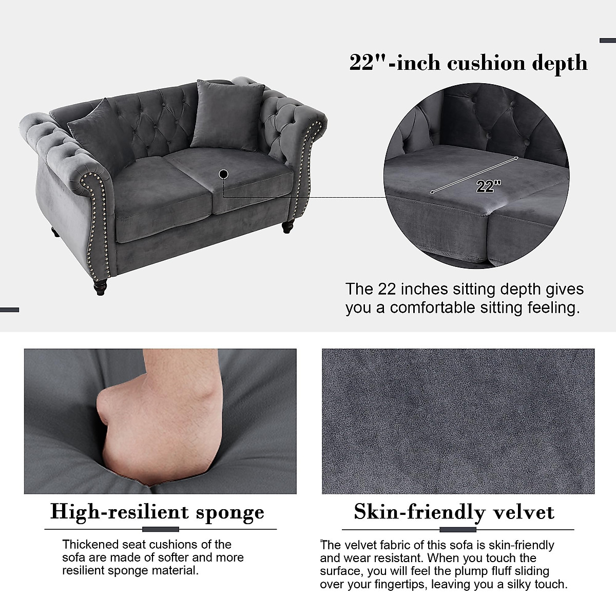 ATUMON 59" Chesterfield Loveseat Velvet Sofa for Living Room,2-Seater Sofa Tufted Couch with Two Pillows,Rolled Arms and Nailhead for Living Room, Bedroom, Office Grey