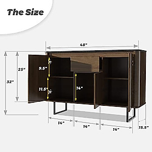 SILKYDRY Sideboard Buffet Cabinet, Kitchen Storage Cabinet w/Adjustable Shelves, Large Drawer, 3 Doors & Metal Legs, Cupboard Console Table for Living Room, Dining Room, Entryway, Hallway (Walnut)
