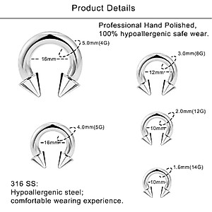 Lcolyoli Large Septum Rings 14G 12G 8G 6G 4G PA Ring Internally Threaded Spike Horseshoe Barbells Stainless Steel & Acrylic Pincher Tapers C Shape Buffalo Stretcher Expander for Women Men