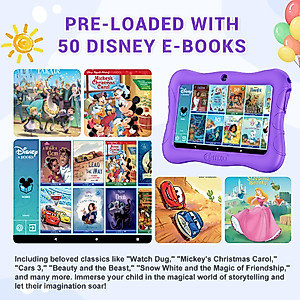 Contixo 7" Android Kids Tablet 32GB, Includes 50+ Disney Storybooks & Stickers (Value $200), Protective Case with Kickstand, (2023 Model) - Purple