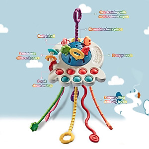 Montessori Toys for Baby: Early Educational Sensory Toys with Bell for Toddler, Rocket Silicone Pull String Activity Toys with Dimple Fidget for Fine Motor Skills Baby Travel Toy Gift (Brown)