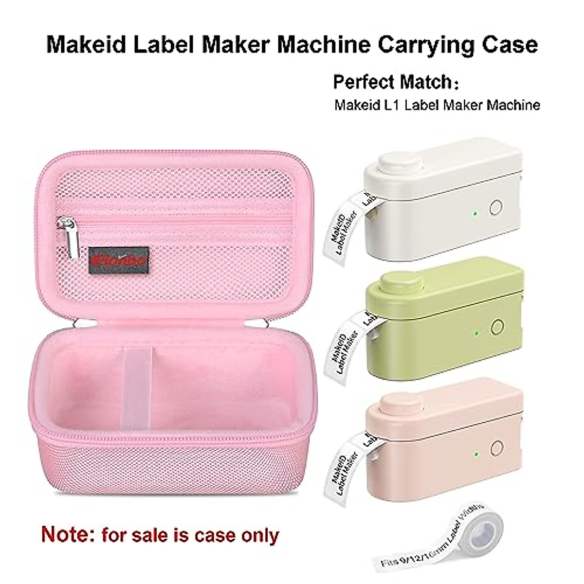 Elonbo Carrying Case for Makeid Label Maker Machine, Makeid L1 Portable Bluetooth Label Printer Handheld Label Printer Storage Holder Bag, Extra Mesh Pocket Fits Label Paper Cable, Pink