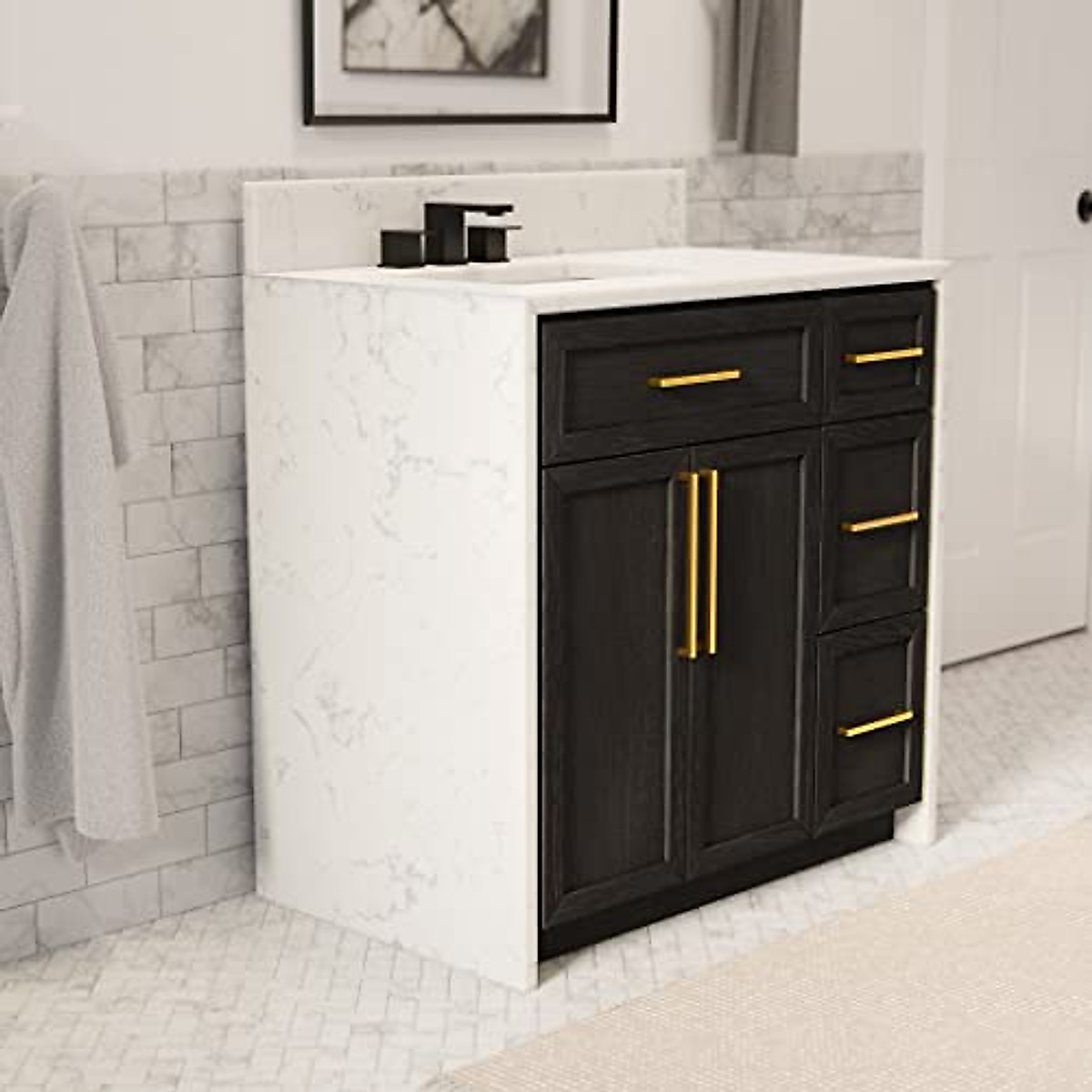 Palisade 36-inch Bathroom Vanity (Engineered Marble/Dark Oak): Includes Dark Oak Cabinet with Engineered Marble Waterfall Countertop and White Ceramic Sink