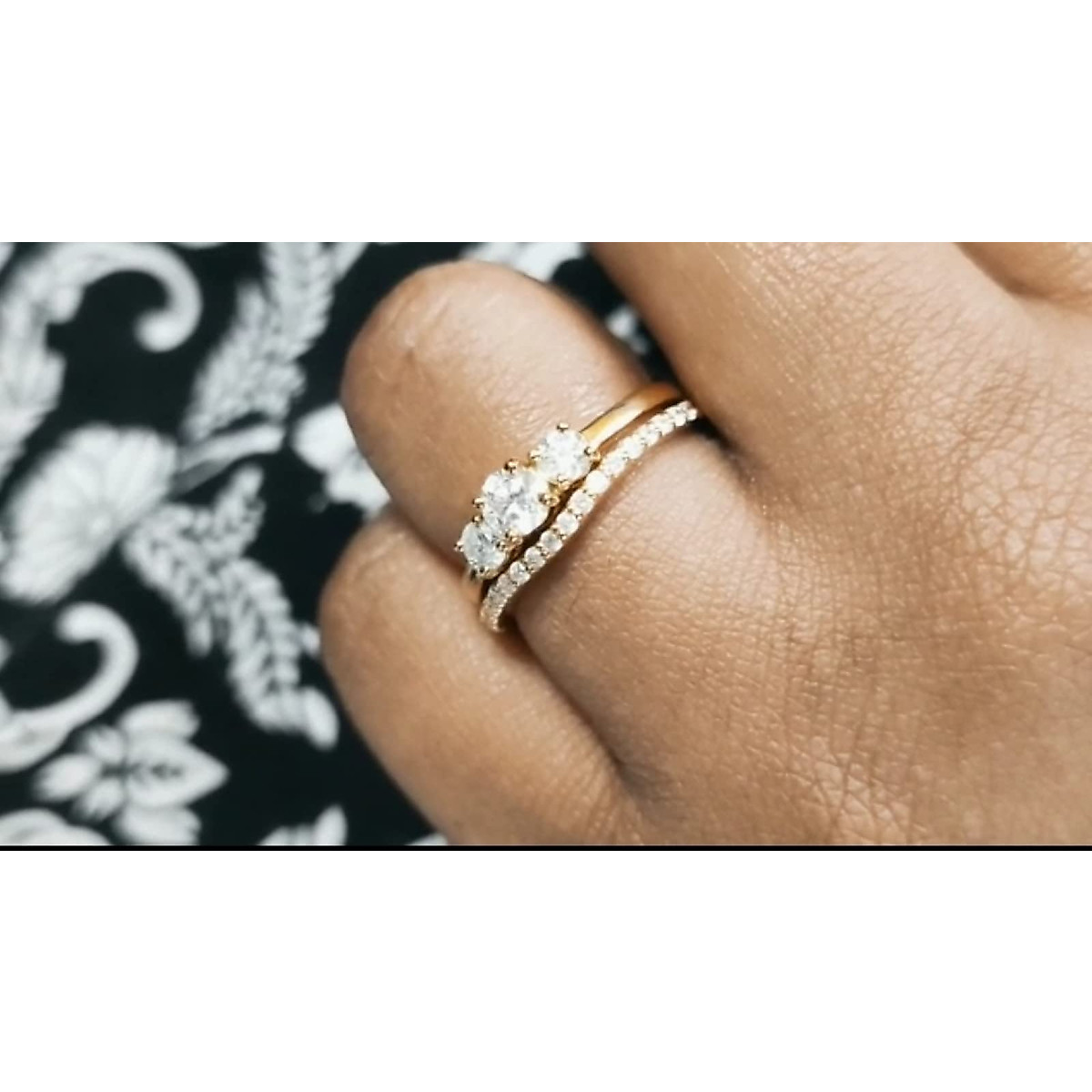 Near 1.00 Carat Diamond 14k Gold Engagement Ring Set For Women 3 Stone Bridal Ring Set 0.33cts Solitaire Round Diamond Pave Set Anniversary Wedding Bands (Color HI/Clarity I1-2) (white gold)