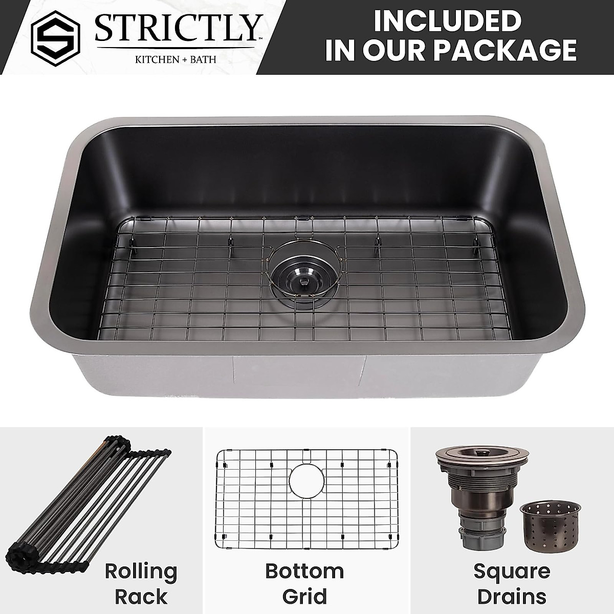 Strictly Sinks 29-3/4 Inch Undermount Kitchen Sink - 18 Gauge Single Bowl Kitchen Sink - Ideal Black Kitchen Sink with Single Strainer Drain, Bottom Grid & Roll Up Dish Drying Rack