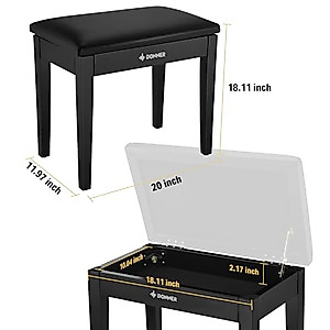 Donner Piano Bench with Storage, Solid Wood Keyboard Bench Piano Bookcase Stool Chair Seat with High-Density Sponges Pad, Black