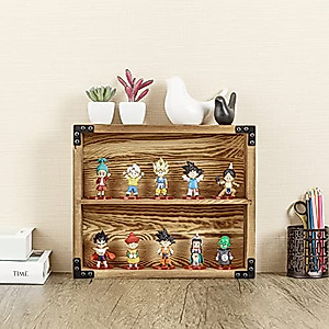 MyGift Wall Mounted Solid Burnt Brown Wood 2 Tier Display Shelf, Collectible Figurines and Memorabilia Collection Storage Shadow Box with Black Metal Bracket Accent