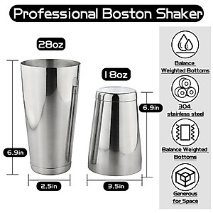 Stainless Steel Cocktail Shaker - 2 Piece 18oz & 28oz Boston Cocktail Shaker Bar Shaker Set Martini Shaker Set Bartender Shakers for Bartending - Silver 6 Pack