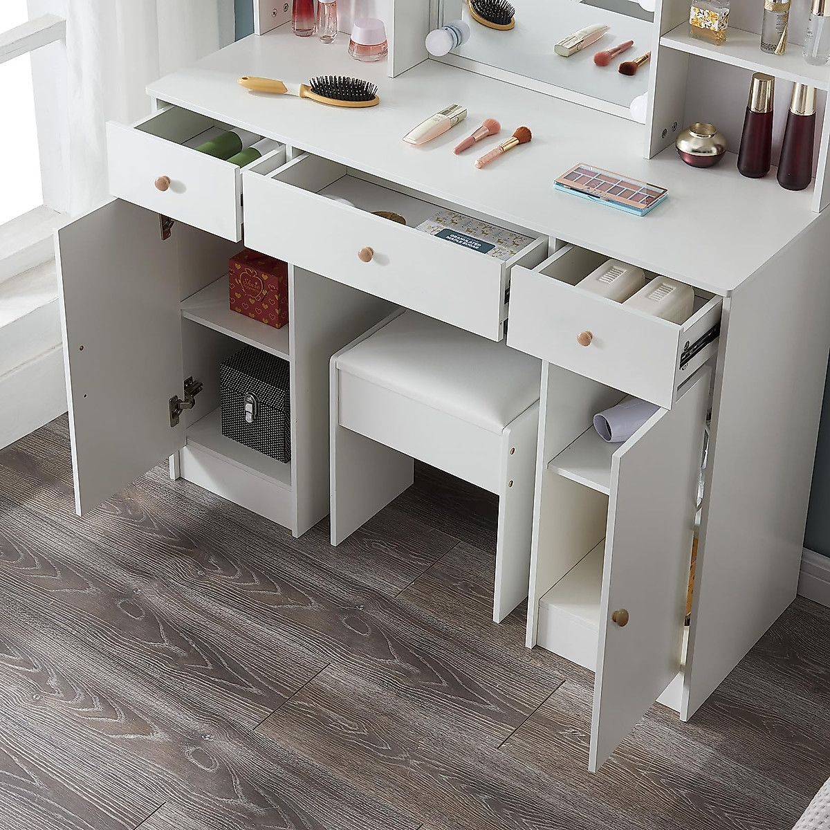 JBLCC Makeup Vanity Desk with Lights Mirror, Large Vanity Desk with Storage Shelf & Drawers,Makeup Vanity Dressing Table with Cushioned Stool for Bedroom (jbl 3072)