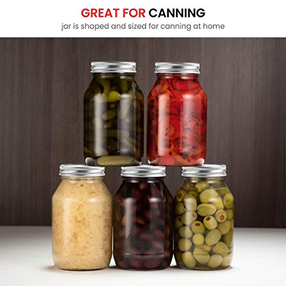 Paksh Novelty Glass Regular Mouth Mason Jars, 32 Oz Jars with Silver Metal Airtight Lids for Meal Prep, Dry Food Storage, Canning, Drinking, Overnight Oats, Jelly, Spices, Salads, Yogurt (6 Pack)