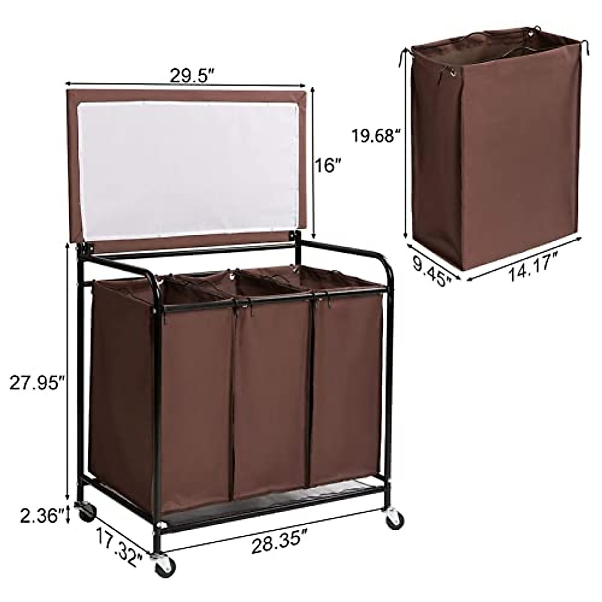 HollyHOME Laundry Cart 3-Bag Heavy-Duty Rolling with Ironing Board Laundry Room Organizer with Wheels Brown