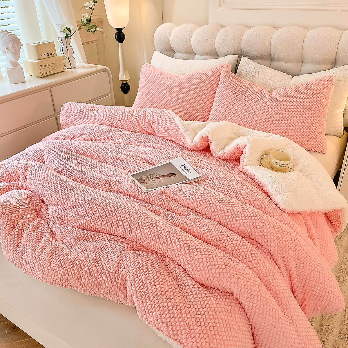 LLanCL 3D Jacquard Design Comforter Set, Ultra-Soft Warm Queen Size Sherpa Fur Plush 3-Pieces Sets Luxury Cozy Bedding with 2 Pillowcases (90"x90", Pink)