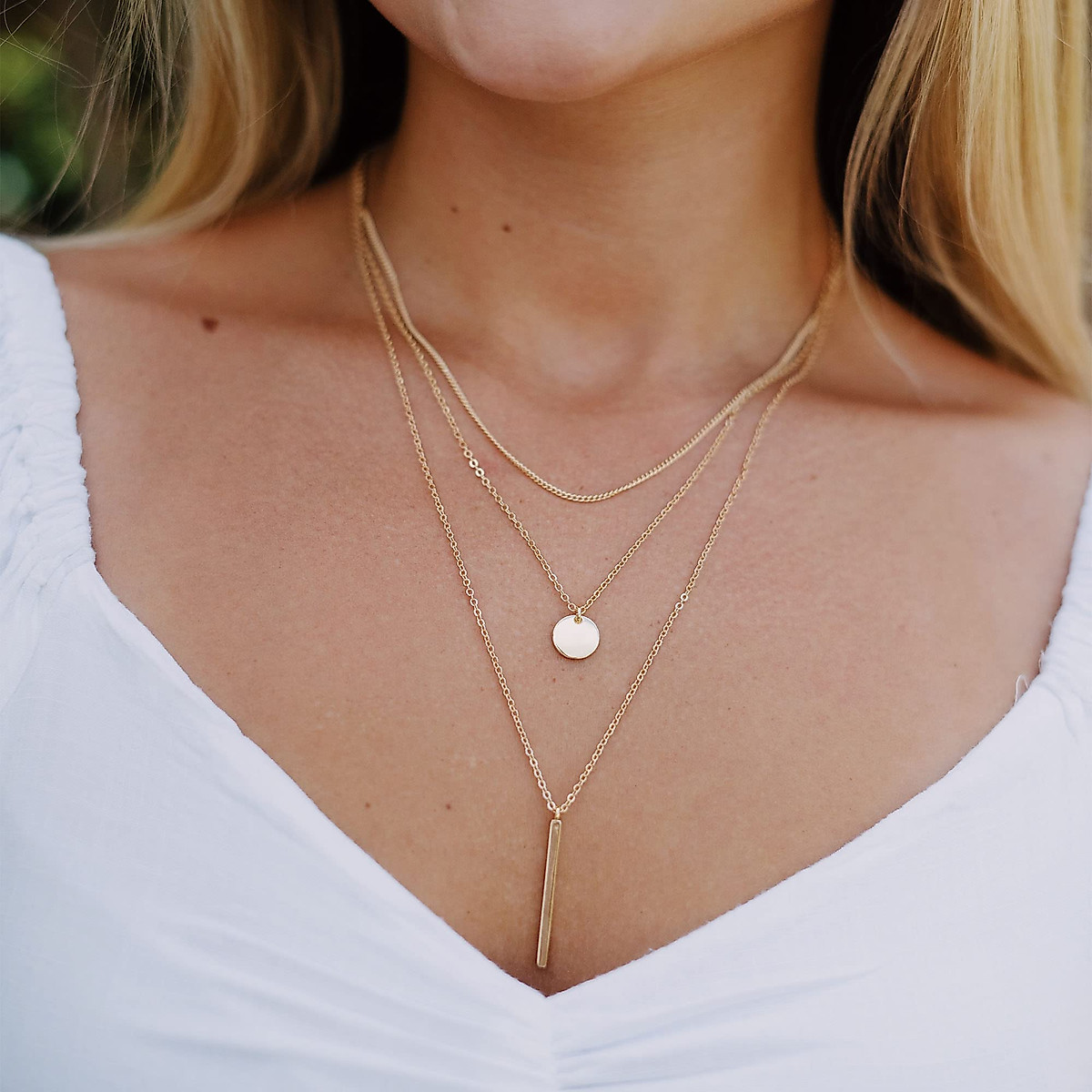 Dainty Chain Choker Necklace 14K Gold Plated 3 Layered Disc Bar Necklace for Women