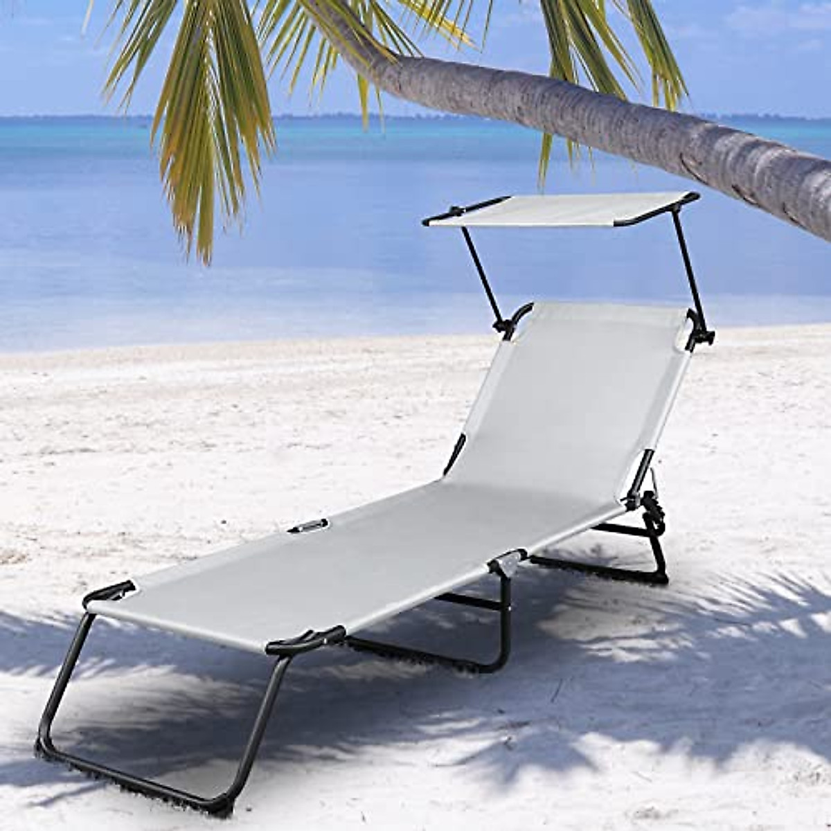 VINGLI Folding Chaise Lounge, Adjustable 4 Position Patio Chair Recliner, Sunbathing Chair for Beach Outdoor Pool Patio Deck (Grey, with Canopy)