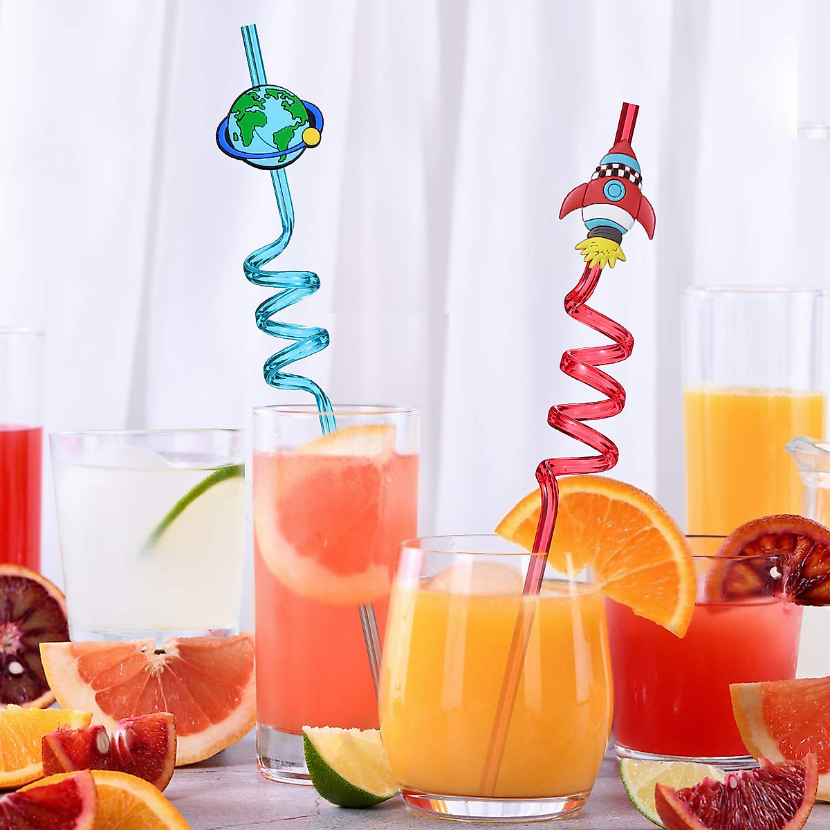 Outer Space Straws Party Favors for Theme Birthday Party Supplies with 2 Cleaning Brush | Solar System Rocket Spaceship Astronaut Satellite Planet Attachments (24+2)