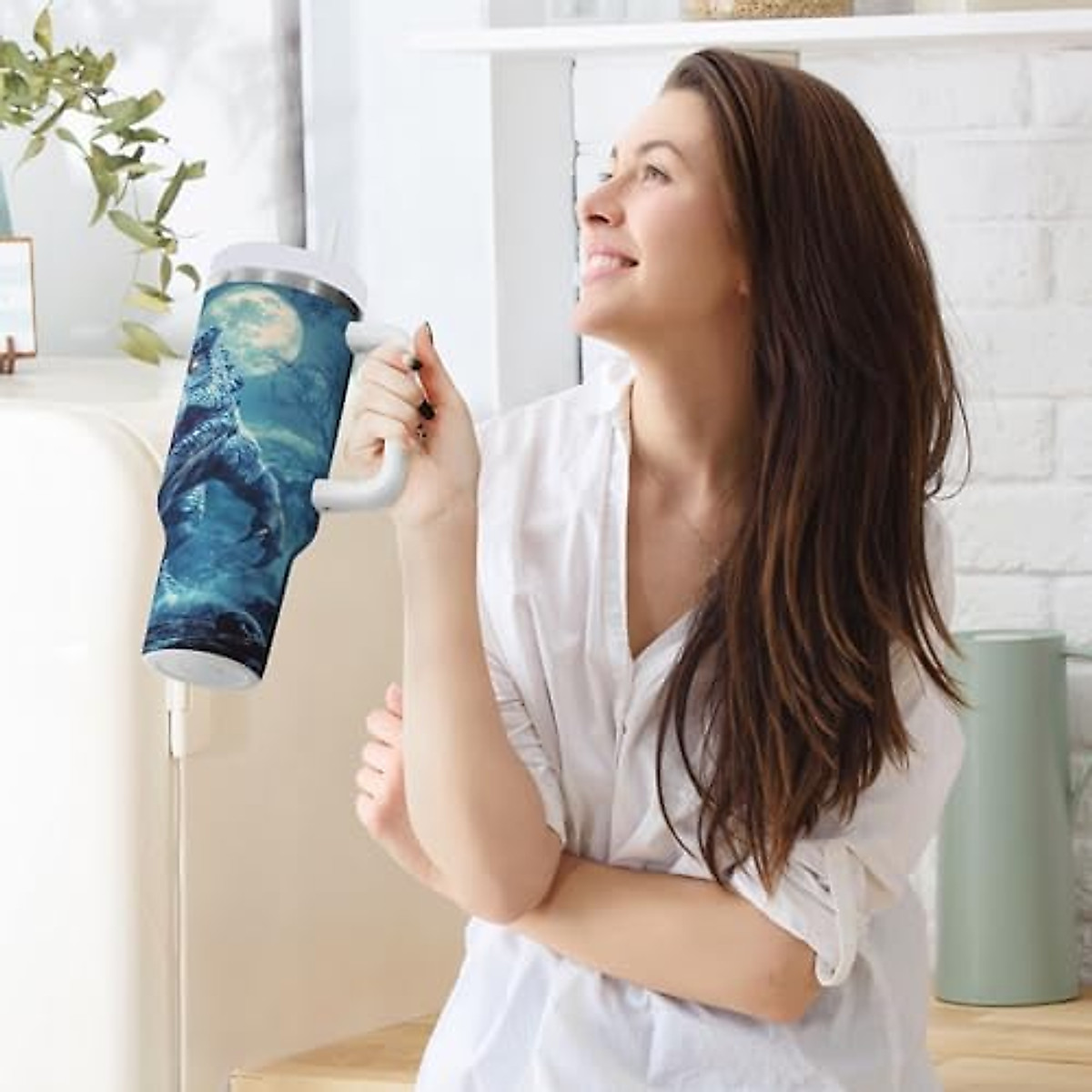 Slewiaeky Tumbler with Handle 40 oz Beast Dinosaur Horror T Rex Travel Mug with Lid and Straw Stainless Steel Vacuum Insulated Water Bottle Cup for Iced Tea Coffee Cold Beverages Cup Holder Friendly