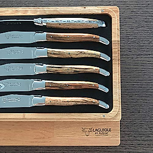 Laguiole en Aubrac Luxury Fully Forged Full Tang Stainless Steel Steak Knives 6-Piece Set with Aubrac Wood Handle, Stainless Steel Shiny Bolsters