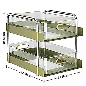 JAWNLITY Bathroom Counter Organizer with Pull-out Drawers, 2 Tier Sliding Cabinet Organizer Shelf with Handles, Clear Slide-out Under Sink Organizer for Kitchen, Pantry Storage (Green)