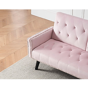 Modern Velvet Tufted Upholstered Futon Sofabed Living Room Loveseat Convertible Sleeper Couch Bed with Nailhead Decor and Drop-Down Cupholdes for Home Office Apartment