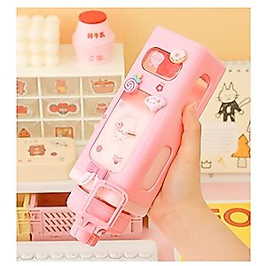 WANGZMTOU Kawaii Bear Pastel Water Bottle With 3D Sticker 700ml Plastic Travel Tea Juice Milk Portable Cute Shaker Drink Bottle Gift (Pink)