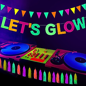 Outus Neon Party Supplies Includes Let's Glow Banner 20 Pieces Neon Paper Tassels and Neon Triangle Flag Glow in The Dark Party Supplies Bunting Party Hanging Decorations for Birthday Christmas Party