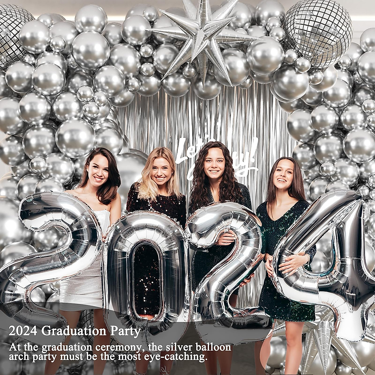 Disco Balloon Arch Garland Kit, Metallic Silver Balloon Arch with Disco Ball Balloons Silver Fringe Disco Ball Backdrop for Birthday Graduation Prom 2024 Disco Party Decorations