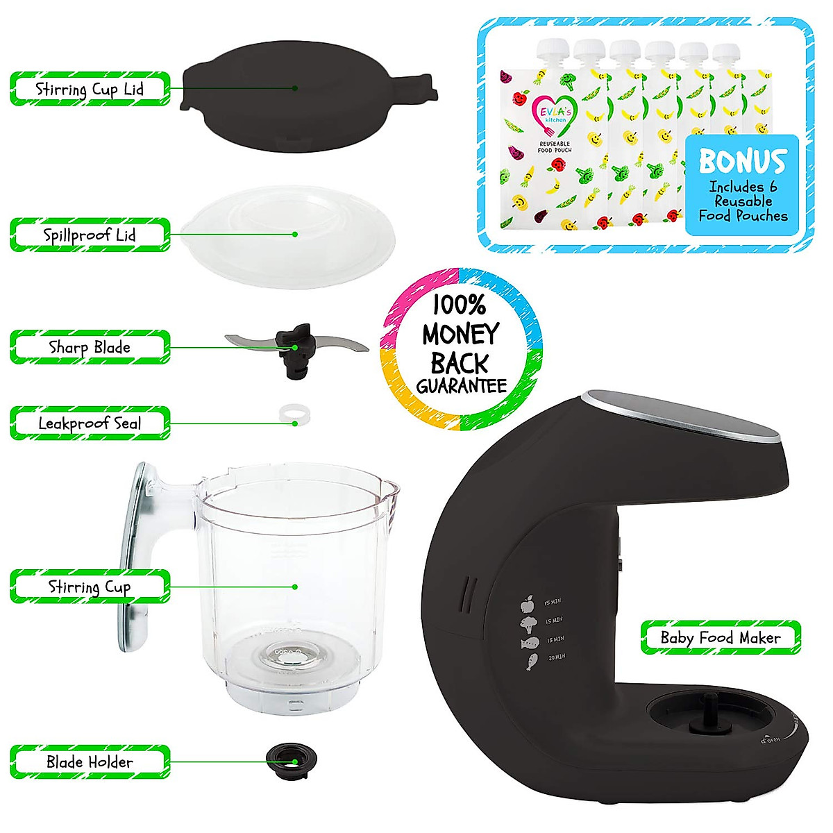 EVLA'S Baby Food Maker, Food Processor, Blender, Grinder, Steamer for Healthy, Homemade Food with 6 Reusable Pouches and Baby Feeding Set, Dark Gray & Turquoise