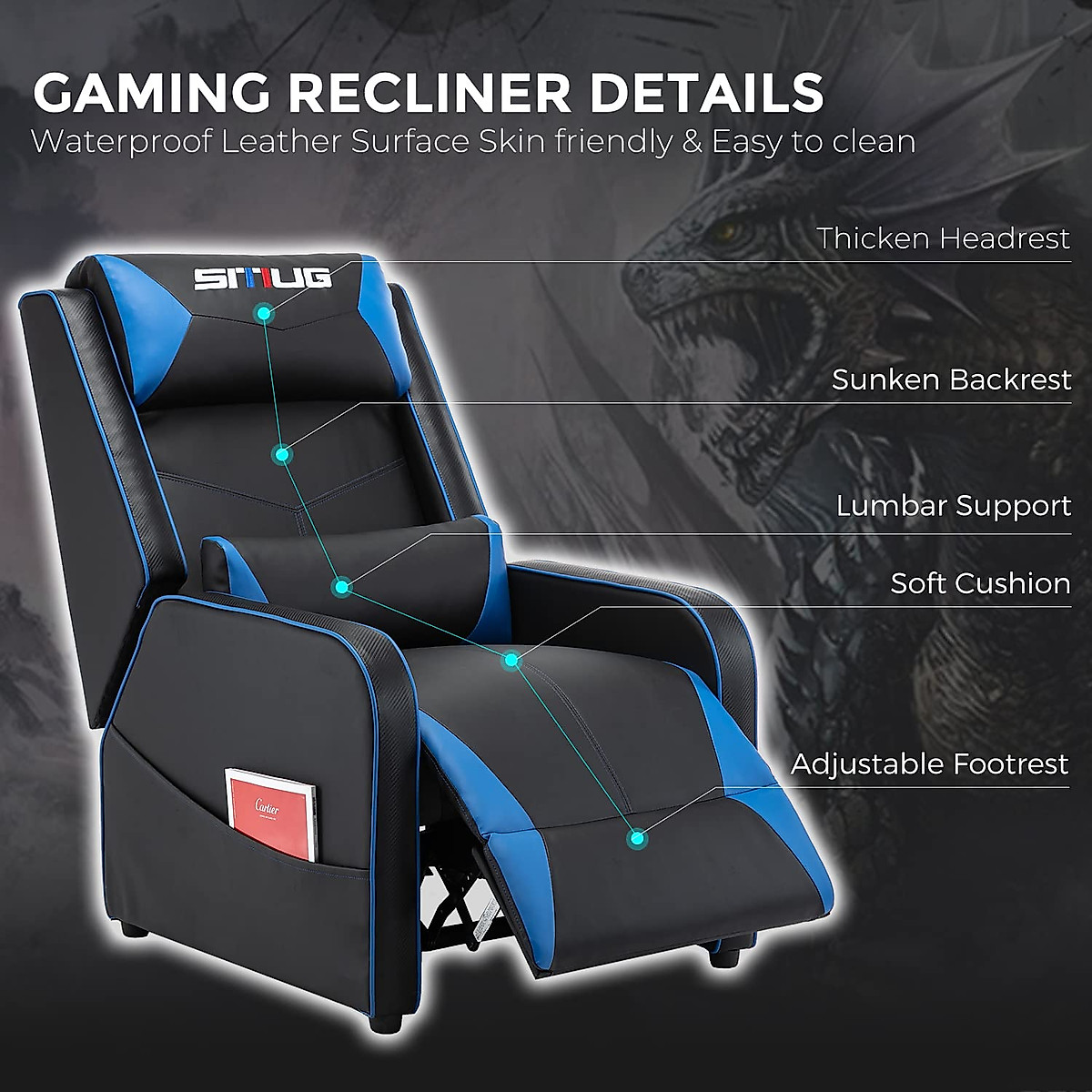 Gaming Recliner Gamer Chair for Adults - PU Leather Sofa with Footrest Comfortable Movie Theater Chairs Ergonomic Single Couch for Living Game Room- Black/Blue