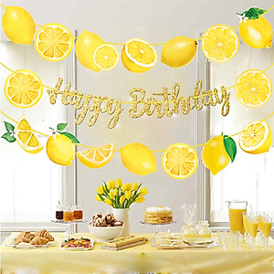 Lemon Happy Birthday Banners Glitter Gold Lemongrass Birthday Party Decorations Yellow Lemon Lemonade Party Decorations for Summer Fruit Birthday Party Lemon Theme Bridal Shower Supplies