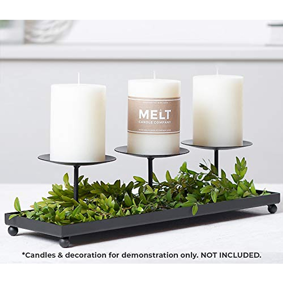 Candles Pillar Holder Tray Black Metal Base for Desk Top Decoration Table or Mantel Centerpiece in Dining & Living Room, Candelabra for Pillar & Sphere Candles, flameless LED (Set of 3)