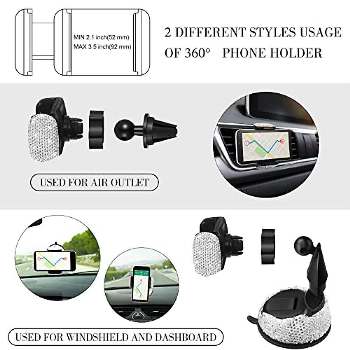 Tallew 20 Pieces Car Accessories for Women, Bling Car Accessories Set, Bling Car Phone Holder Mount, Bling Dual USB Car Charger, Car Coasters, Bling Glasses Holders (White)