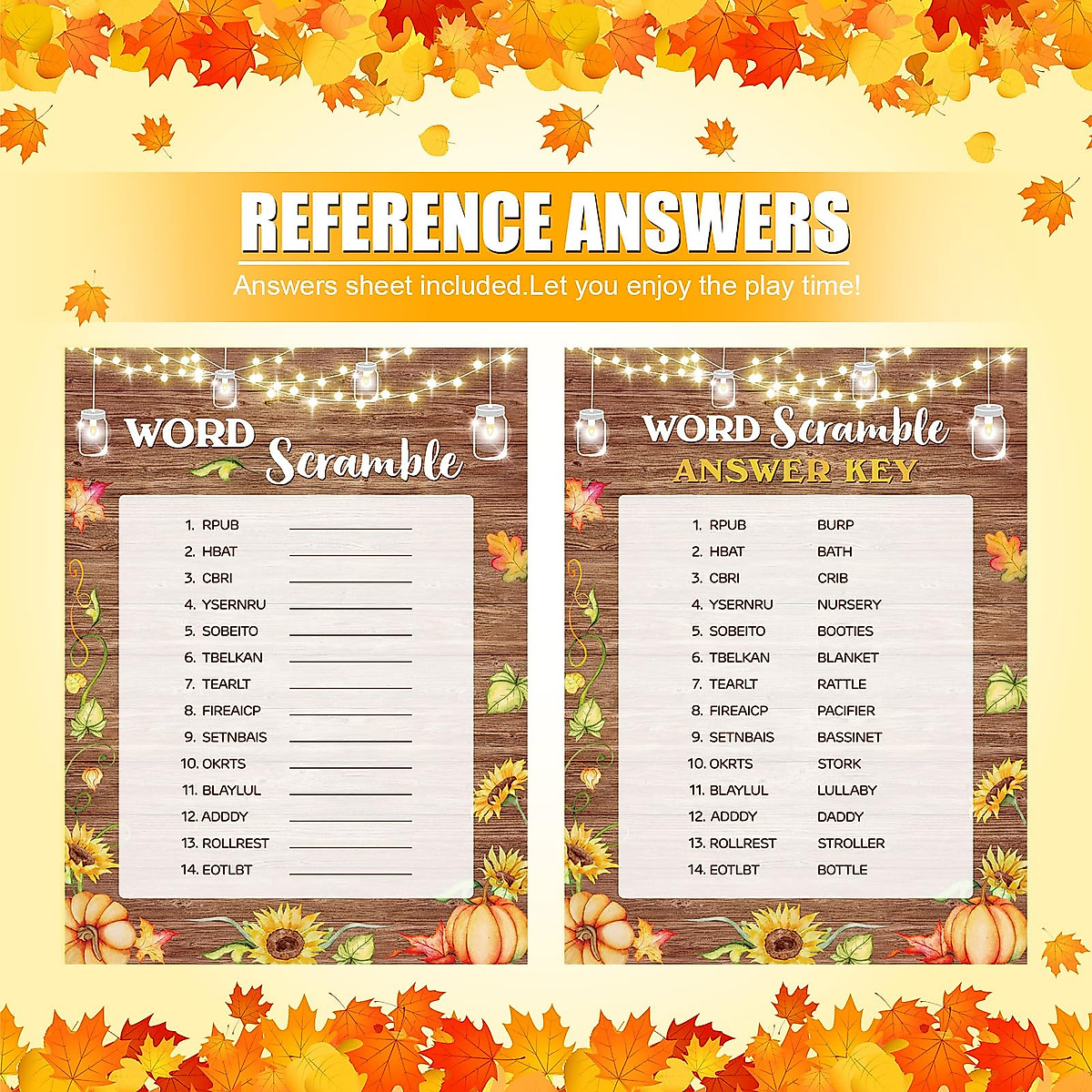 Harloon 142 Pcs Fall Baby Shower Games Set Include 130 Fall Baby Shower Party Game with 12 Pencils for Thanksgiving Pumpkin Autumn Baby Shower Favors Rustic Gender Reveal Neutral Baby Shower Games