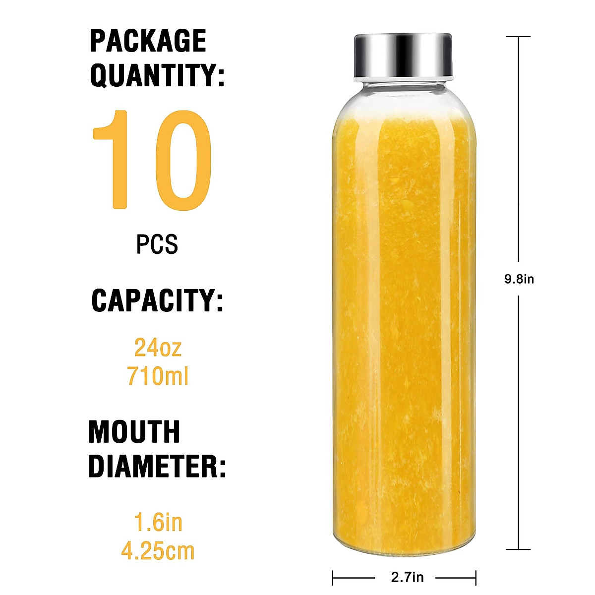 Sursip 24oz Glass Water Bottle Set of 10, Leak Proof Clear glass juice bottle for juicing, Reusable Drinking Bottles with Stainless Steel Lid, Beverage Storage Containers for Refrigerator-BPA Free