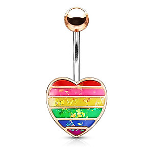 Pierced Owl Rainbow Gay Pride Synthetic Opal Glitter Heart Belly Button Navel Ring (Rose Gold Tone)