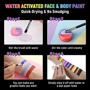 24 Colors Face & Body Paint with 2 Brushes UV Blacklight Neon Rainbow Face Painting Kit for Kids Adult Water Activated Graphic Eyeliner Glow In The Dark for Halloween, Cosplay, Parties & Stage Makeup