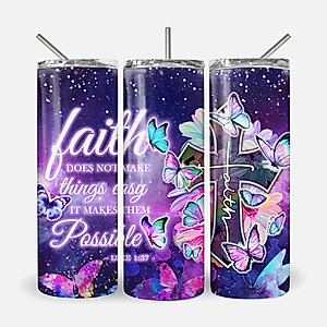CERMELUS Butterfly Faith Cross 20oz Skinny Tumbler, Stainless Steel Double Wall Insulated Cup With Lid And Straw Multi, Bible Verse Christian Tumbler, Gifts for Women, Men, Mom, Daughter, Friends