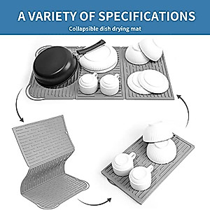 Yatmung Collapsible Silicone drying mat for Kitchen Counter - Non-Slip dish drying pad with hook and retaining band - Foldable design ( 24" x 13" ) to（ 8" x 13" ）- Large rubber rack mat（ Grey ）