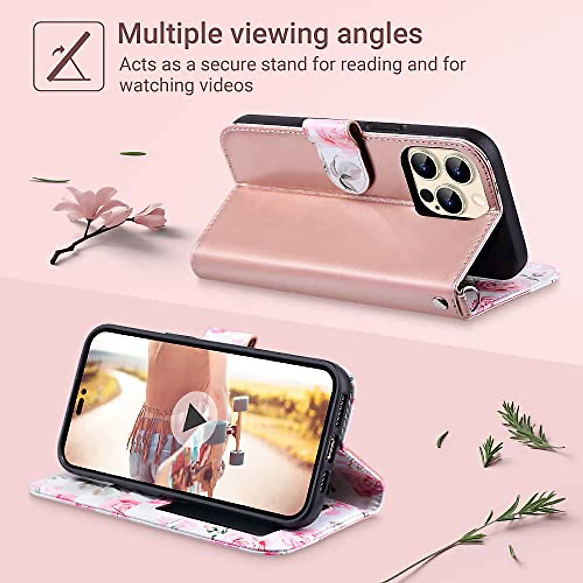 ULAK Compatible with iPhone 14 Pro Max Wallet Case for Women with Credit Card Holders, Designed Flip PU Leather Kickstand Shockproof Protective Cover for iPhone 14 Pro Max 6.7 inch 2022, Rose Gold