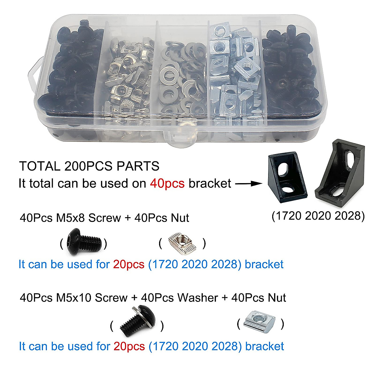 BLCCLOY 200Pcs M5 Black 20 Series T Slot Nuts and Bolts Screws Kit for 2020 Aluminum Extrusion Profile, 40Pcs M5x10, M5x8 Hexagon Socket Screws, 40Pcs M5 T Sliding Nut, Drop in T Nut, 40Pcs Washers