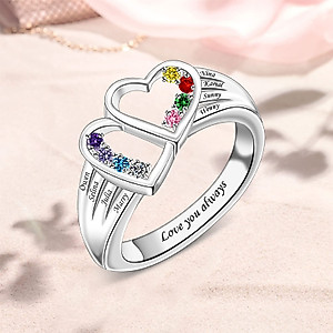 YUYOO Personalized Mothers Rings with Simulated Birthstones Engraved 1-8 Family Names Mother's Day Rings Custom Love Heart Family Rings for Women (Silver)