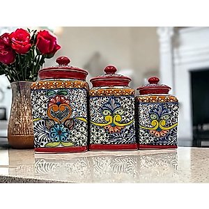 Red Rim XL Handcrafted Folk Art Talavera Canisters | Mexican Ceramic | Floral & Colorful | Kitchen Storage Jars