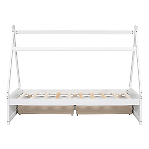 Linique Twin Size Tent Floor Bed with Two Drawers,Wooden Twin Platform Bed Frame Teepee Bed,White