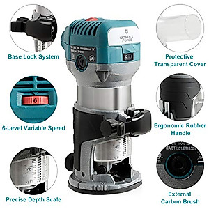 Goplus Wood Router with Fixed Base, 6.5-Amp 1.25 HP Compact Router with 1/4" & 3/8" Collets, Variable Speed Palm Router for Woodworking and Furniture Manufacturing