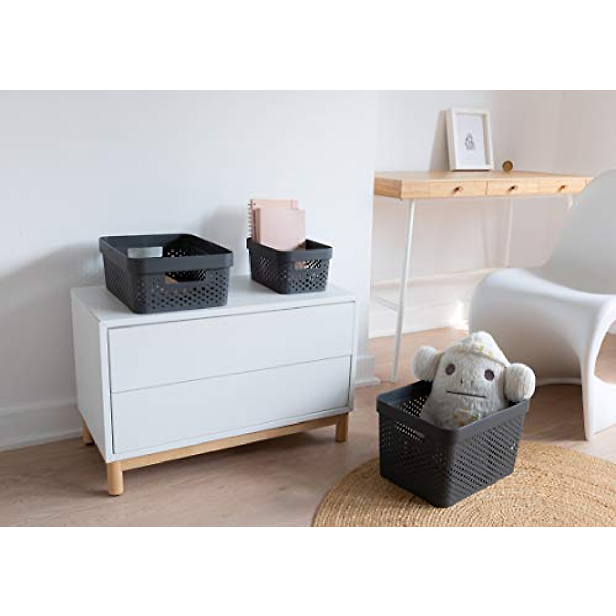 Curver Infinity Set of 4 Baskets with Recycled Lid (2 Units Size M 11L and 2 Units Size L 17L), Grey