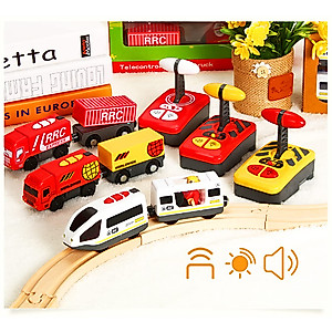 Wooden Train Set Accessories Battery Operated Locomotive Train, Remote Control Train Vehicles for Wood Tracks, Powerful Engine Train Cars Fits All Major Brands of Railway System (Battery Not Included)