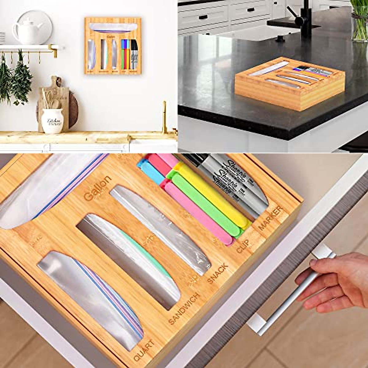 More2Store Ziplock Bag Storage Organizer Bamboo 6 in 1 Food Baggie Dispenser for Kitchen Drawer - Compatible with Gallon, Quart, Sandwich, Snack, Clip, and Marker