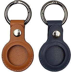 2 Pcs Airtags Protective Cover, for Apple Airtag Keychain, Airtag Leather Case, Airtags Holder Anti Lost Case, Bluetooth Tracker Case Protective Skin for Airtags (Brown+ Blue)