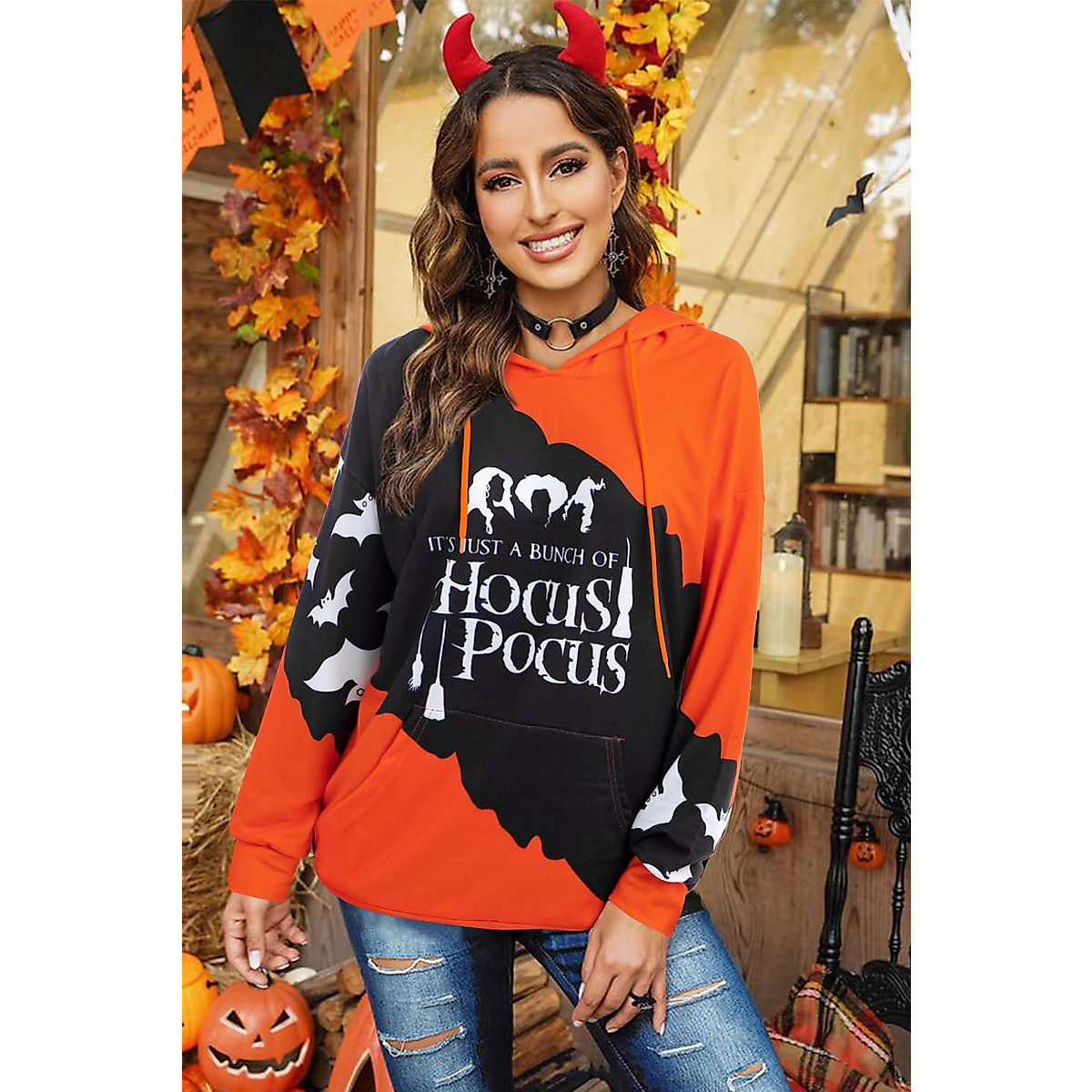 KIDDAD It's Just A Bunch of Hocus Pocus T-Shirt Women Halloween Sanderson Sisters Long Sleeve Crewneck Casual Pullover Tops Black Orange