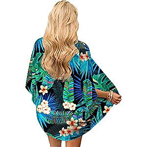 Women Chiffon Kimono Cardigans Tropical Tops Hawaiian Shirts Summer Beach Sheer 3/4 Sleeve Leaf Print (Black, M)